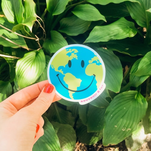 Earth Smiley Face Sticker / Earth Day Bumper Sticker / 70s - Etsy