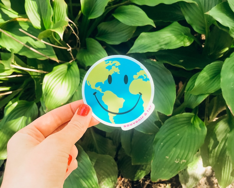 Earth Smiley Face Sticker / Earth Day Bumper Sticker / 70s | Etsy