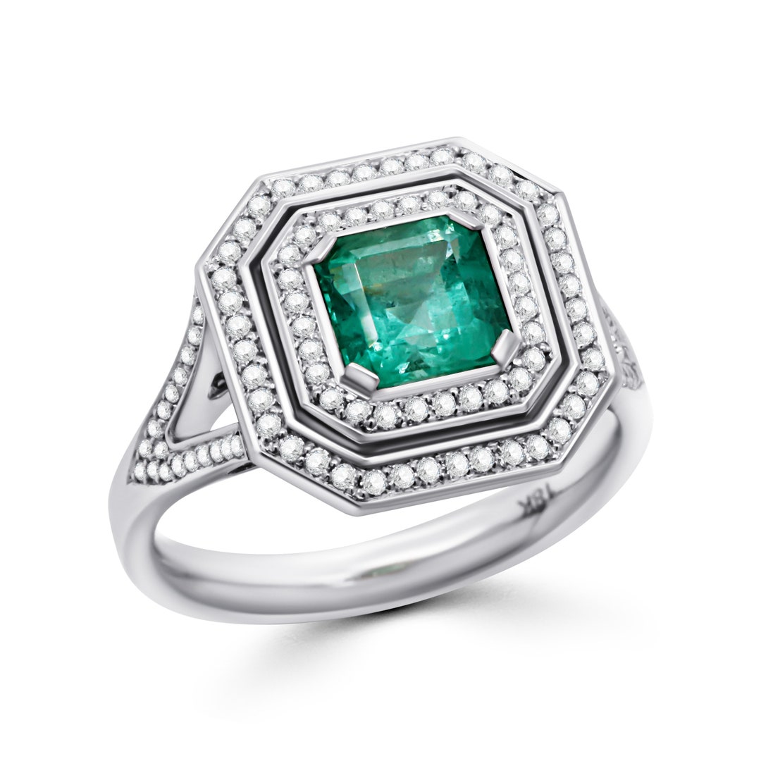 Classic Emerald Cut Natural Emerald and Diamonds 18K Gold Ring ICL ...