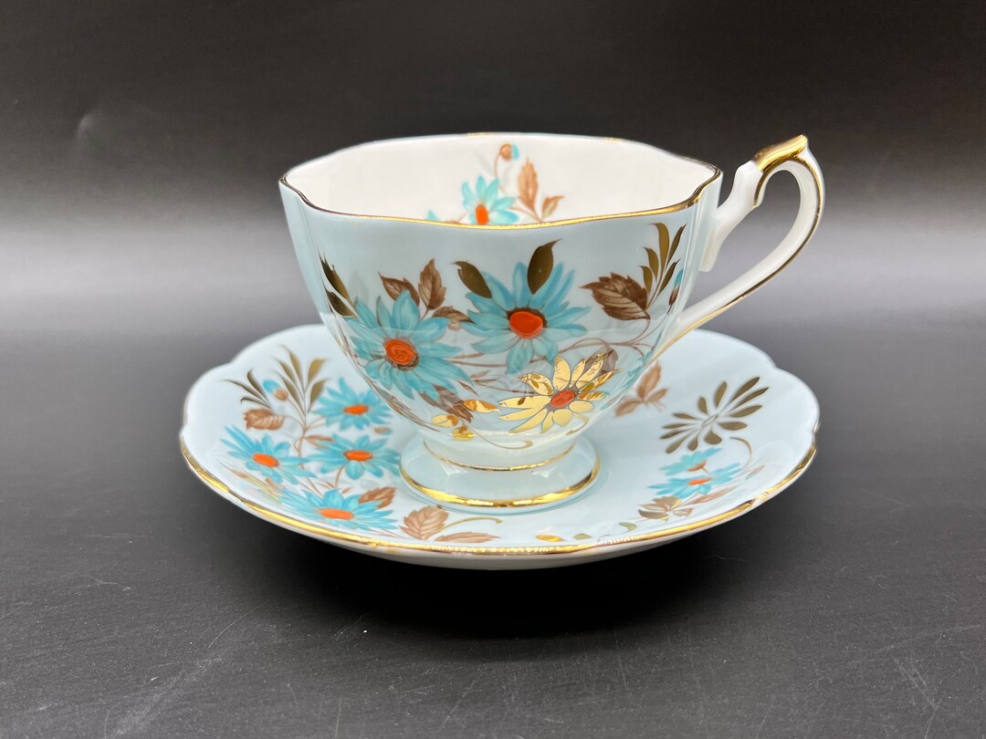 Queen Anne Blue Gold Flower Tea Cup Sauce Set Bone China England - Etsy