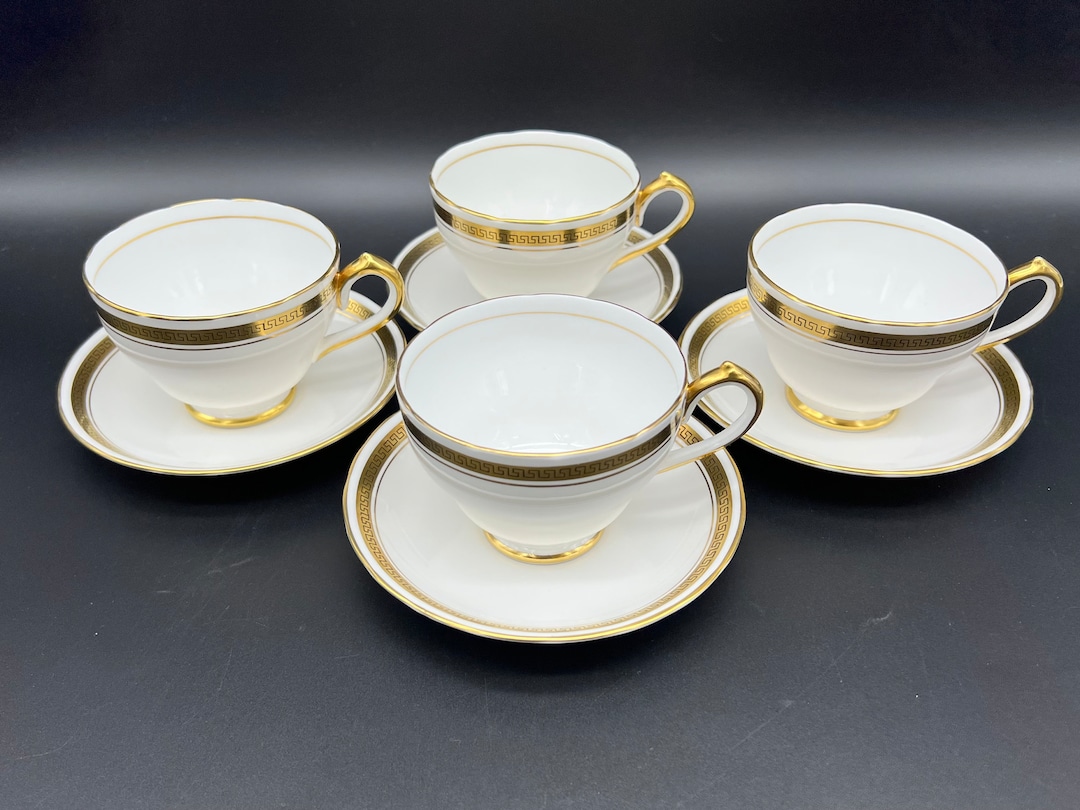 Royal Chelsea Gold Greek Key Tea Cup Saucer Sets(set of 4) Bone China ...