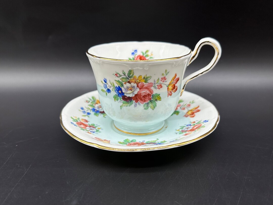 Aynsley 2820 Mint Blue Flower Bouquet Tea Cup and Saucer Set Bone China ...
