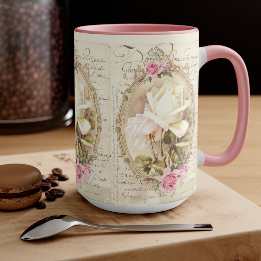 Accent Mugs, Shabby Chic Style Mug, Pink Mug With White Roses - Etsy