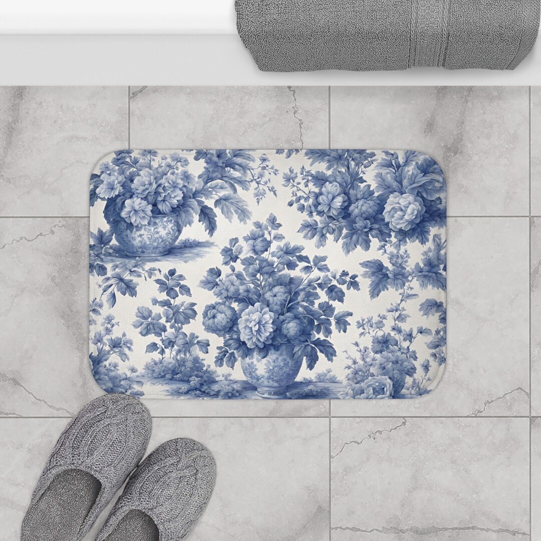 Bath Mat, Toile De Jouy Bath Mat, French Country Bath Rug, Floral Bath ...