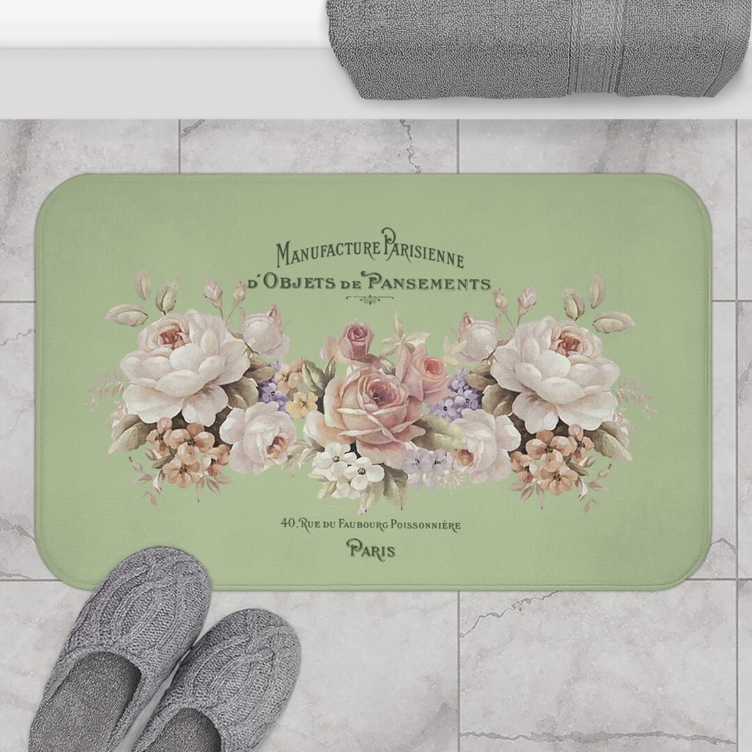 Bath Mat, Light Green Shabby Chic Bath Mat, Bath Mat With Rose, Shabby ...