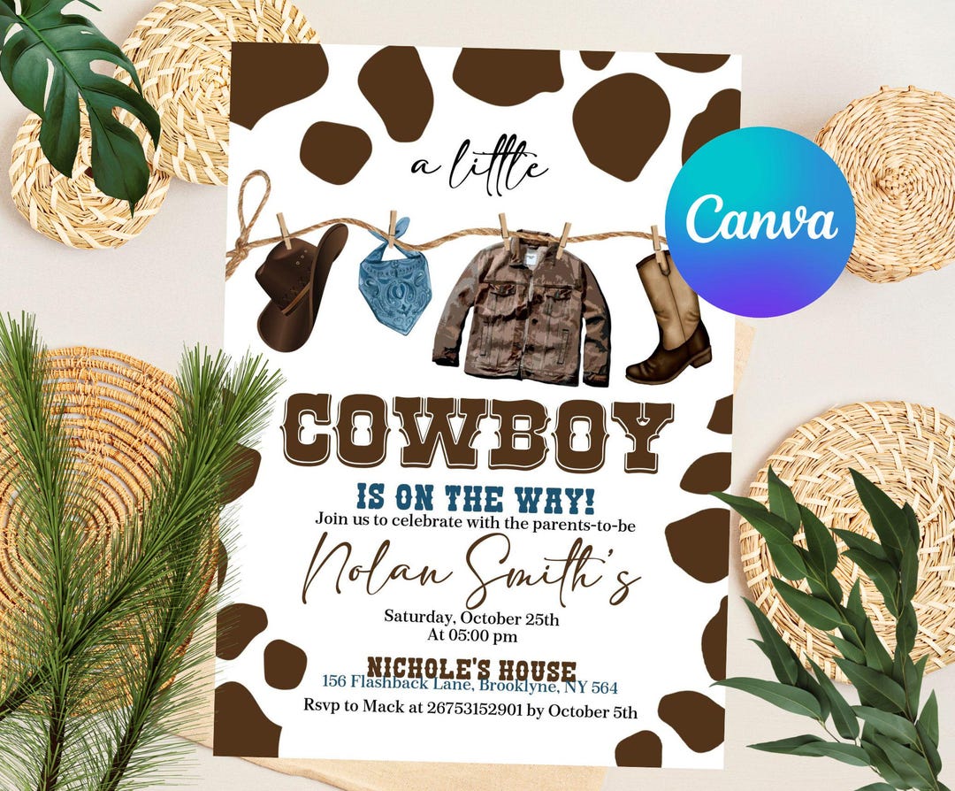 Editable A Little Cowboy Baby Shower Invitation, Wild West Baby Shower ...