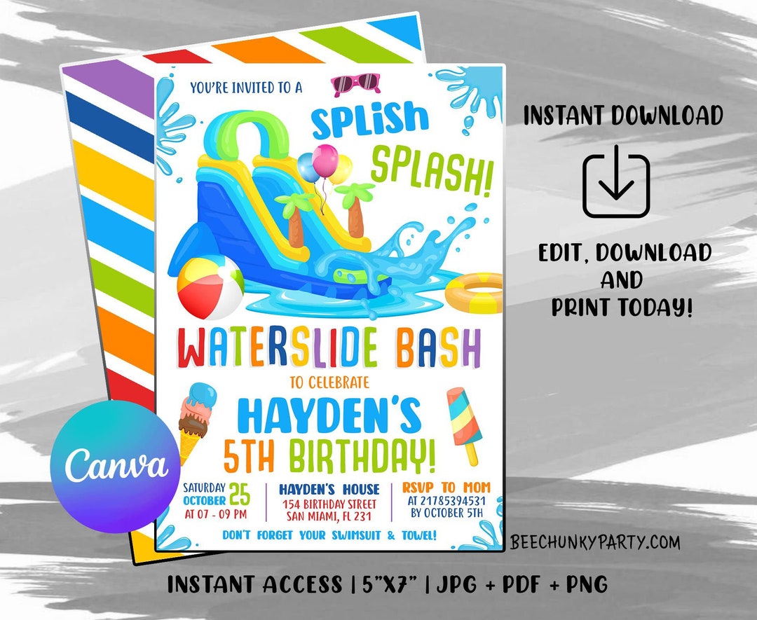 Editable Water Slide Invitation, Water Slide Party Invite, Instant ...