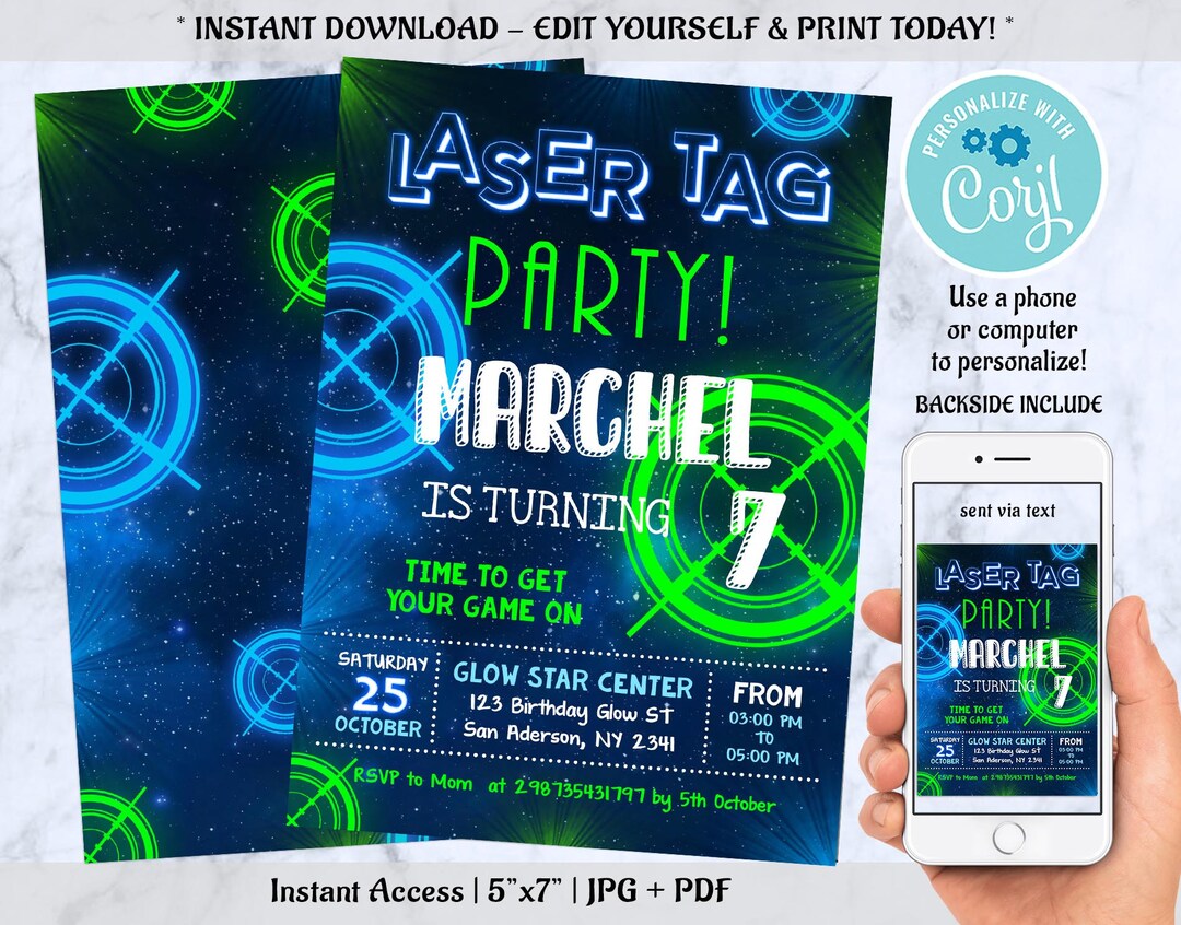 Editable Laser Tag Invitation, Neon Laser Tag Birthday Invitation, Glow ...