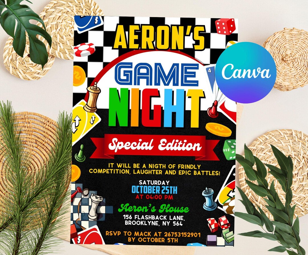 Editable Game Night Invitation, House Party Invite, Board Games, Family ...