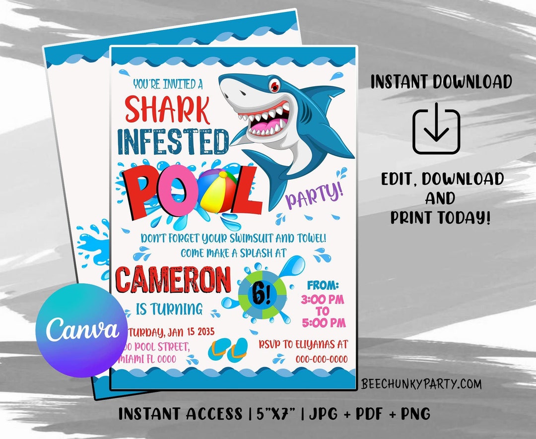 Shark Pool Party Invitation, Shark Birthday Invitation, Shark Birthday ...