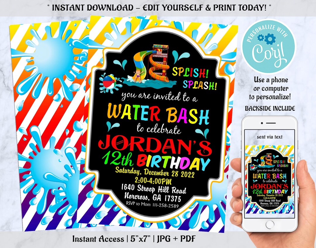 Editable Water Slide Invitation, Water Slide Party Invite, Instant ...