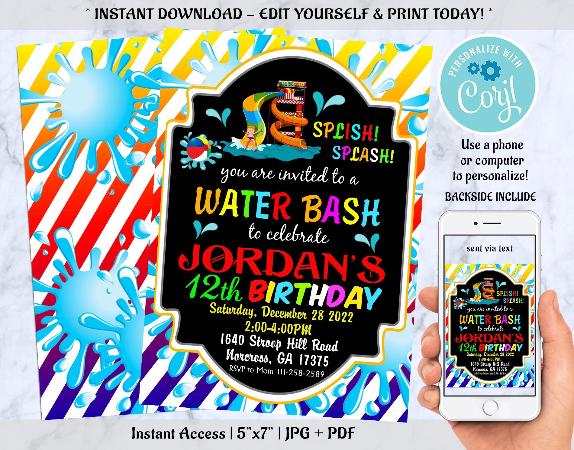 Editable Water Slide Invitation, Water Slide Party Invite, Instant ...