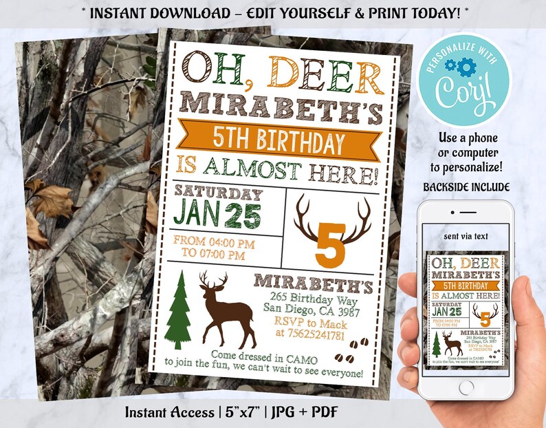 Hunting Birthday Party Invitation, Hunting Birthday Invitation, Deer ...