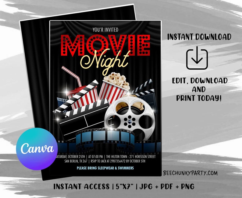 Editable Movie Night Birthday Invitation, Movie Party, Movie Night ...