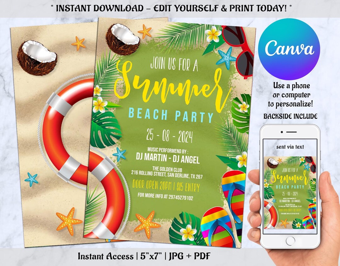 Editable Summer Party Invitation, Summer Party Invites, Beach ...