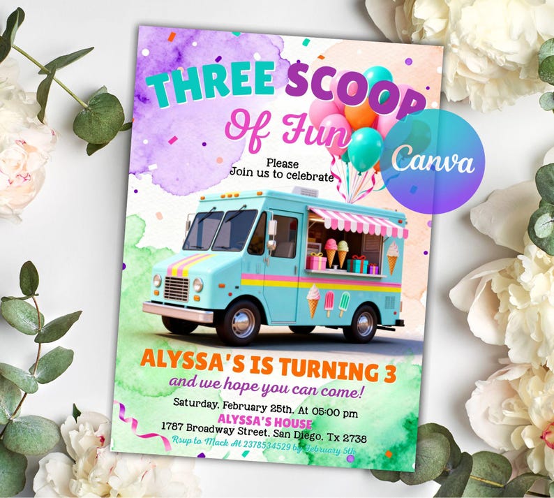 Editable Ice Cream Truck Birthday Invitation, Ice Cream Birthday Invite ...