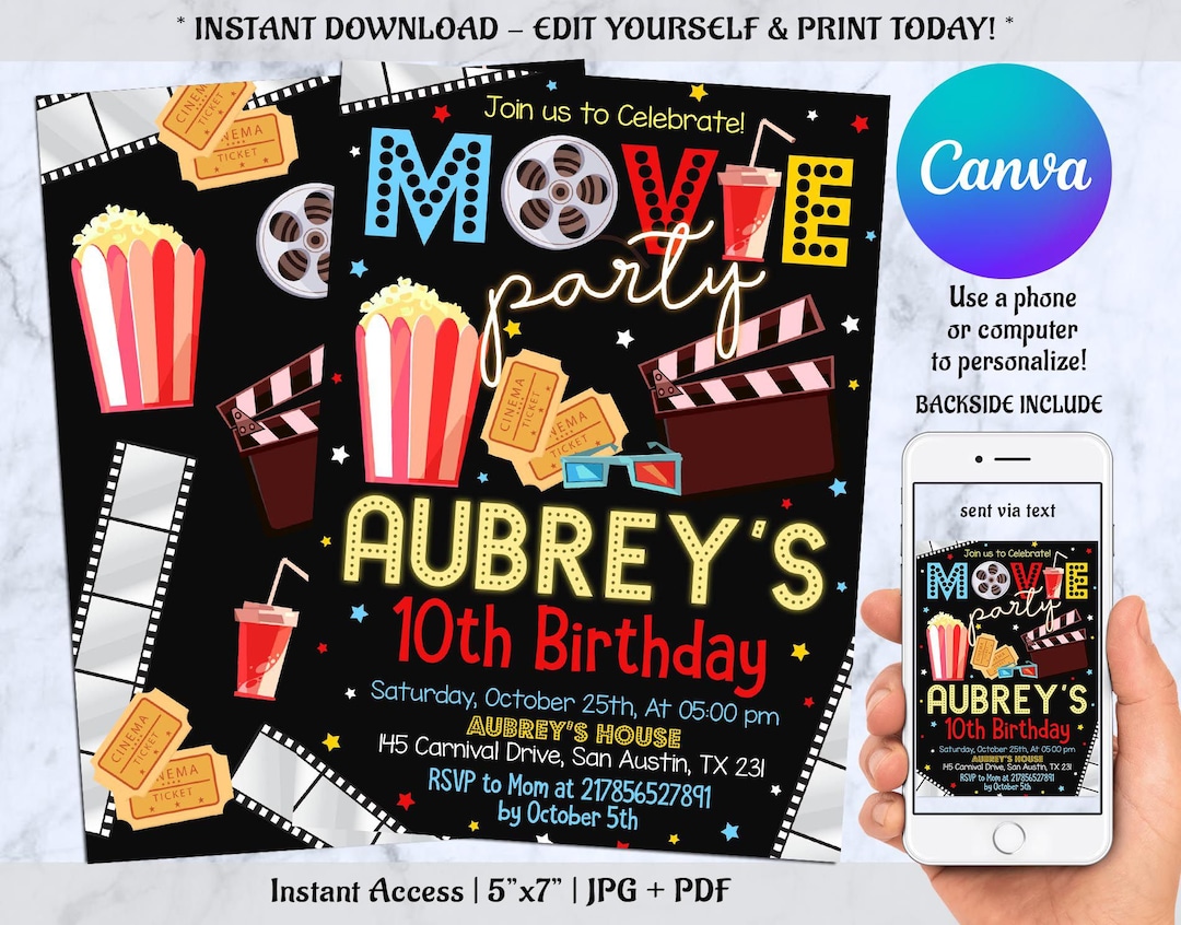 Editable Movie Birthday Invitation, Printable Birthday Party ...