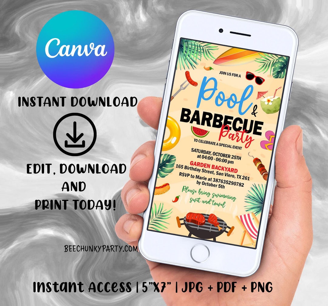BBQ and Pool Party Invitations, Backyard BBQ and Pool Invite, Summer ...