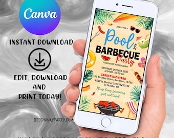 BBQ and Pool Party Invitations EDITABLE, Backyard BBQ and Pool Invite ...