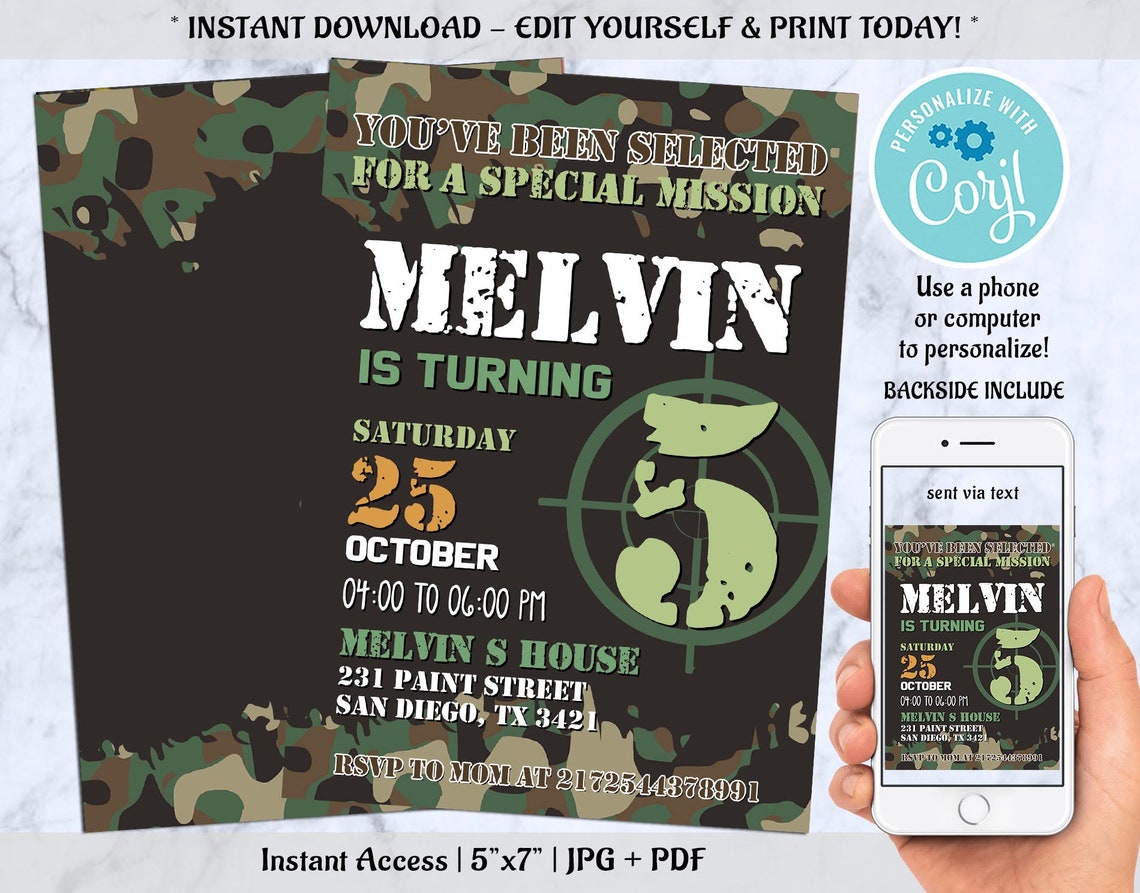 Editable Army Birthday Invitation Army Invitation Army - Etsy