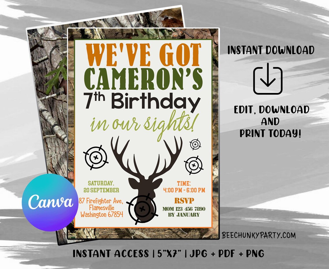 Hunting Birthday Party Invitation, Hunting Birthday Invitation, Deer ...