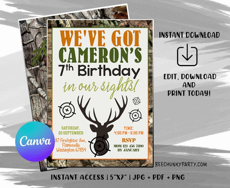 Hunting Birthday Party Invitation, Hunting Birthday Invitation, Deer ...