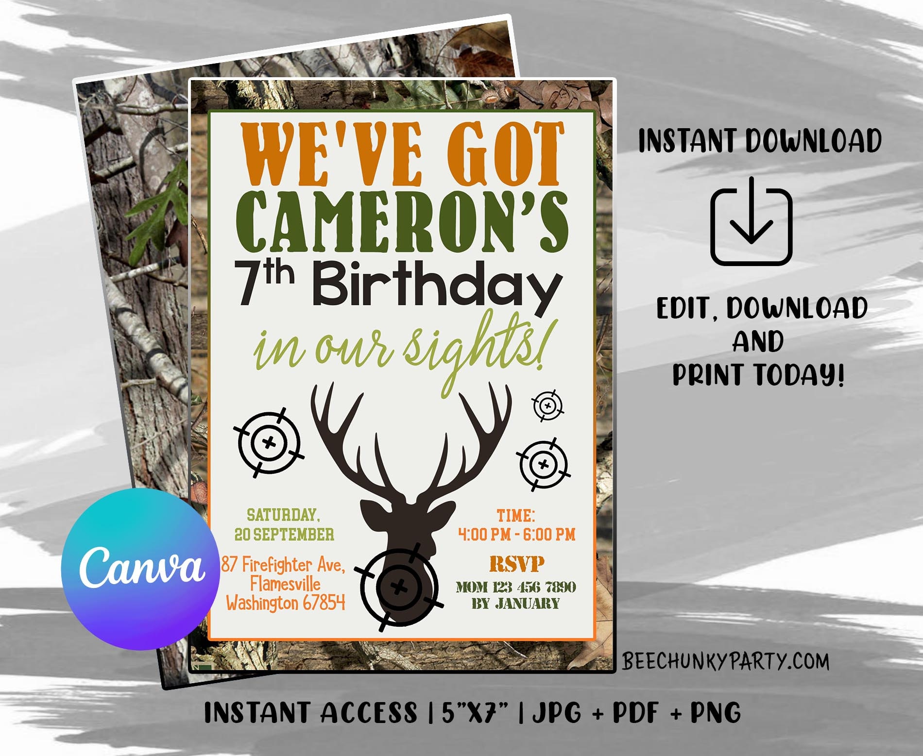 Hunting Birthday Party Invitation, Hunting Birthday Invitation, Deer ...