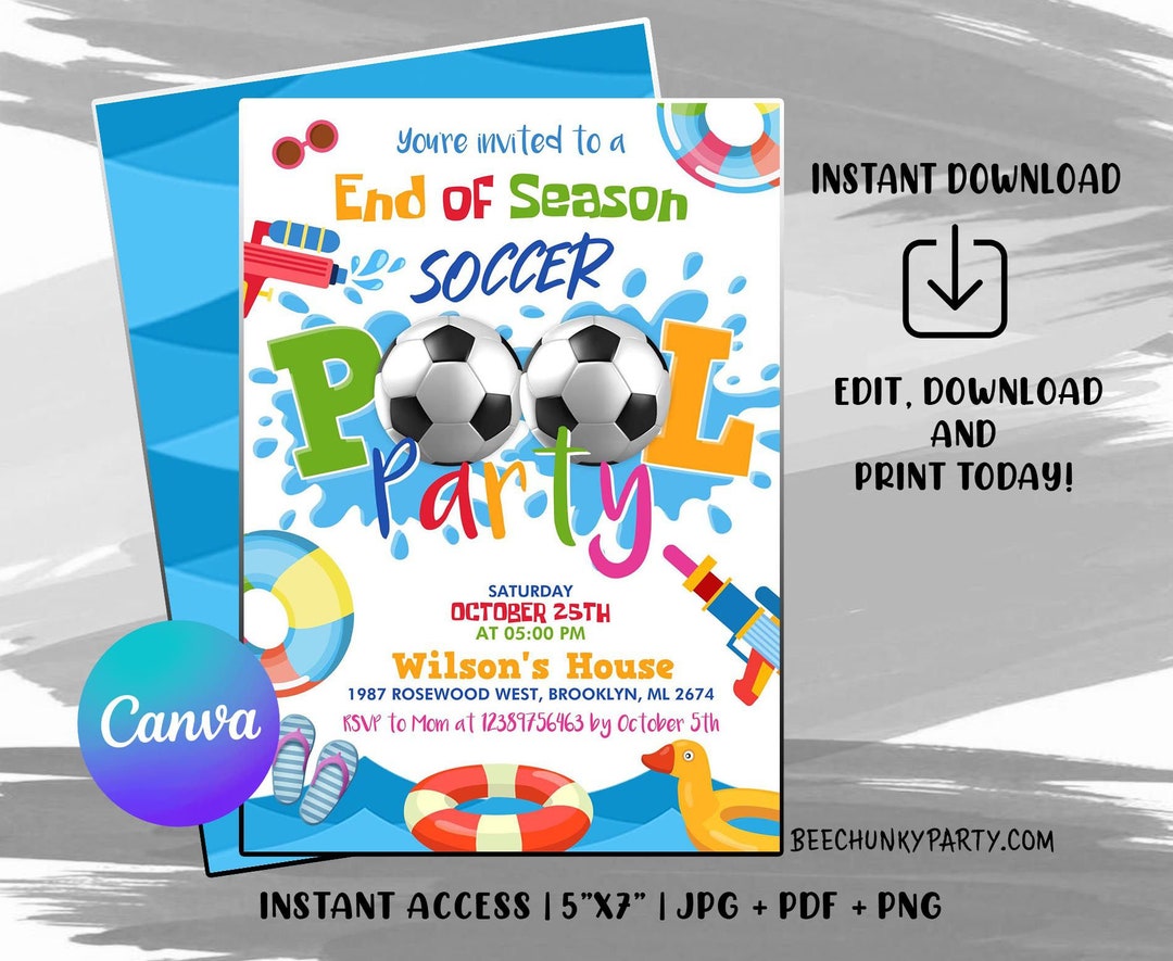 Editable Soccer Pool Party Invitation, Sports Summer Pool Party, Sports ...