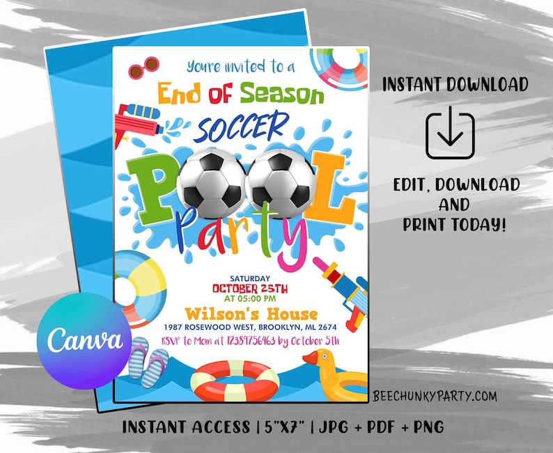Editable Soccer Pool Party Invitation, Sports Summer Pool Party, Sports ...