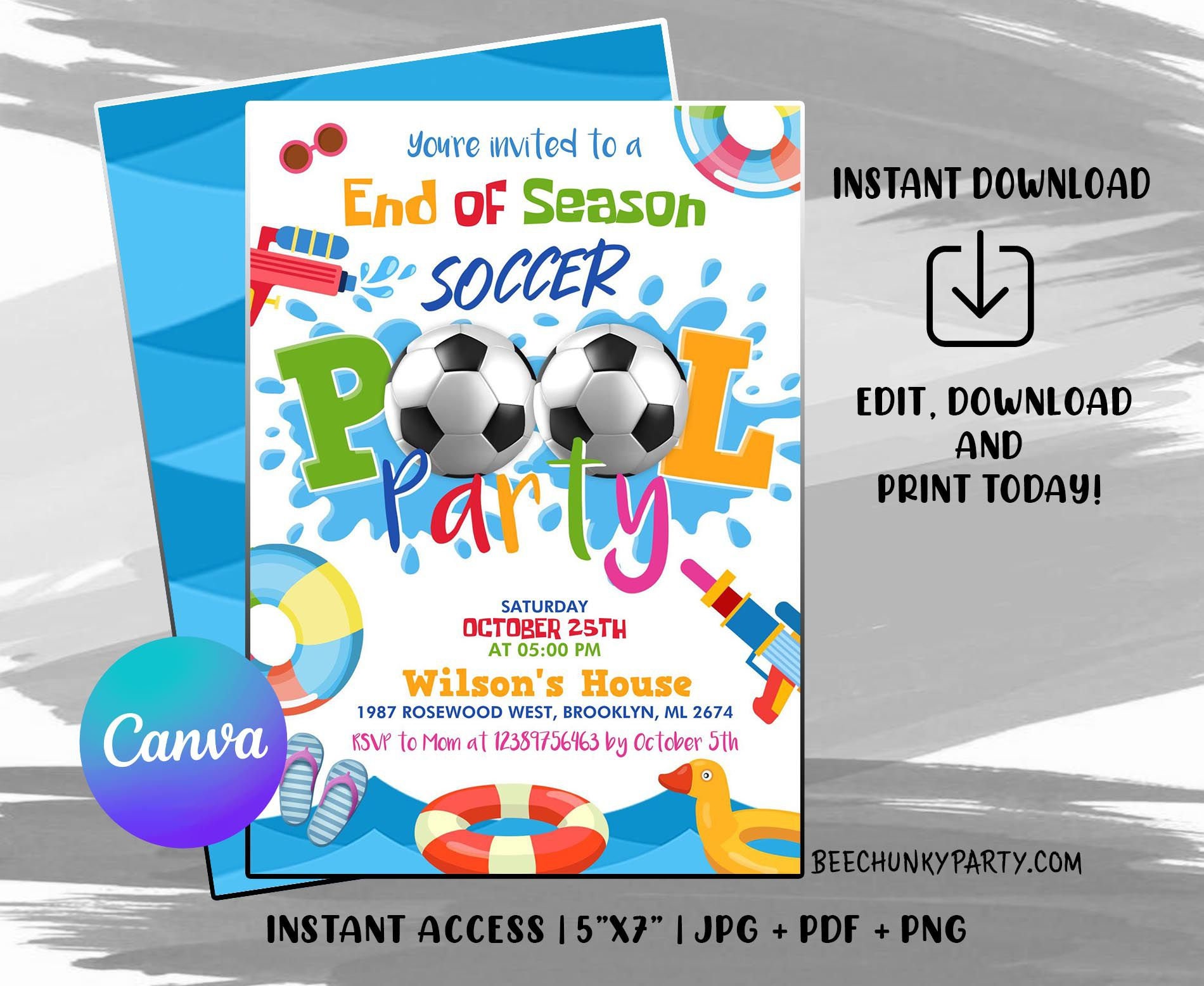 Editable Soccer Pool Party Invitation, Sports Summer Pool Party, Sports ...
