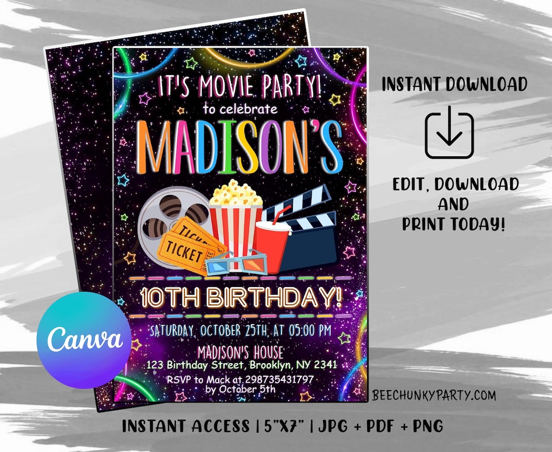 Editable Movie Birthday Invitation, Printable Birthday Party ...