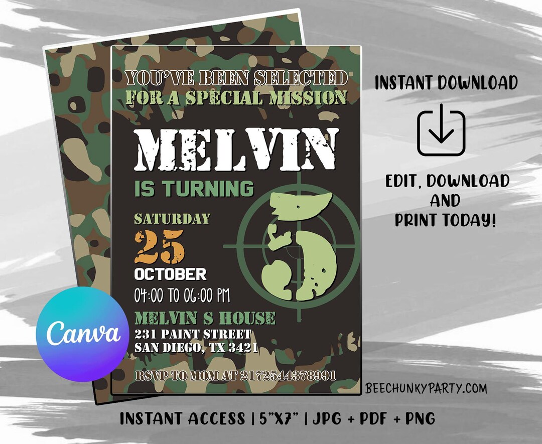 Editable Army Birthday Invitation, Army Invitation, Army Template ...