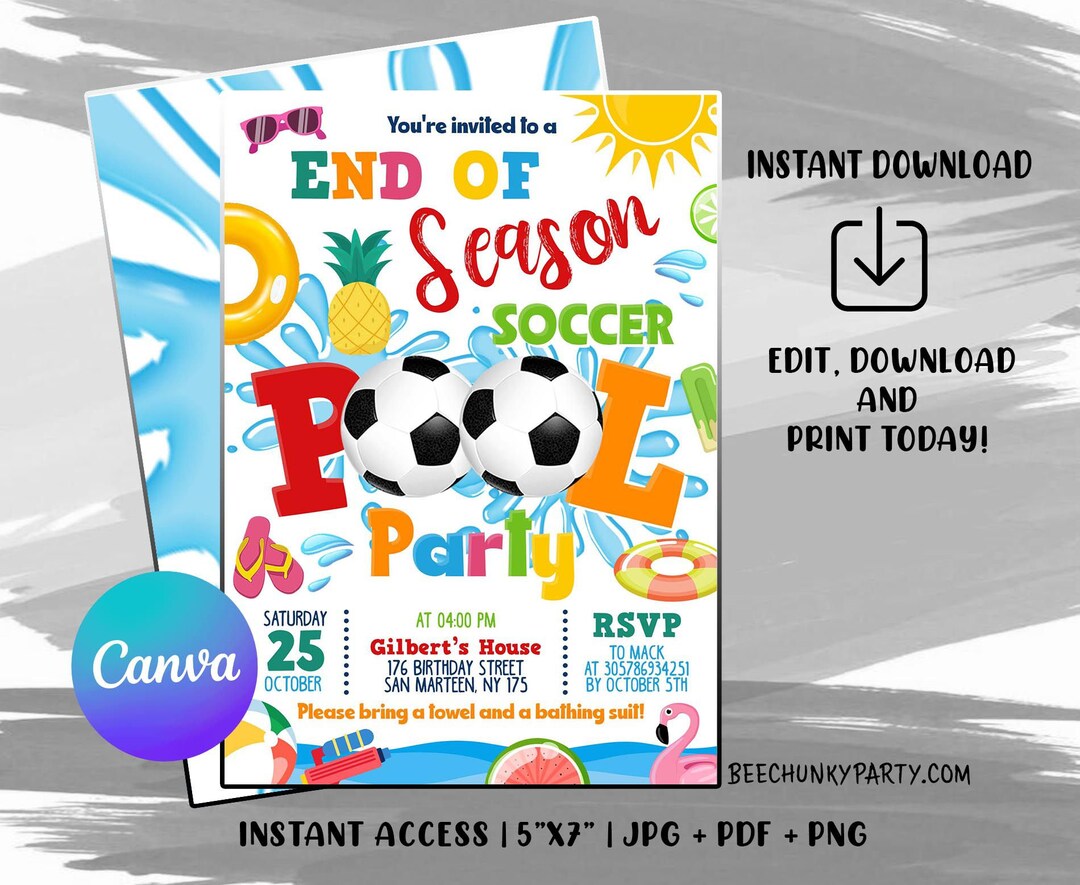 Editable Soccer Pool Party Invitation, Sports Summer Pool Party, Sports ...