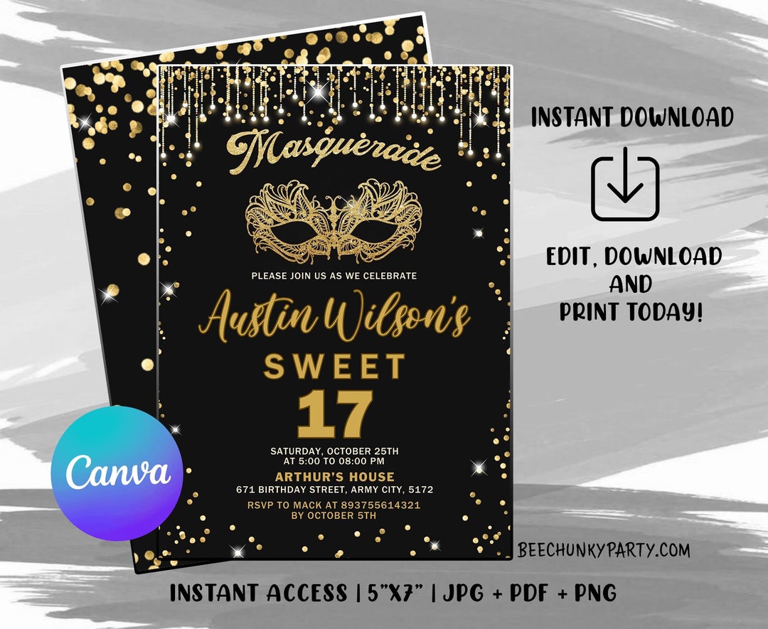 Editable Masquerade Party Invitation, Woman Masquerade Birthday Party ...