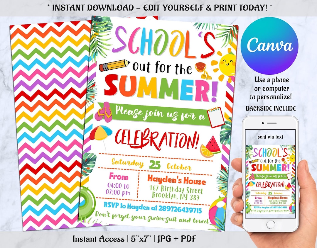 Editable End of School Party Schools Out Party Invitation, Download ...