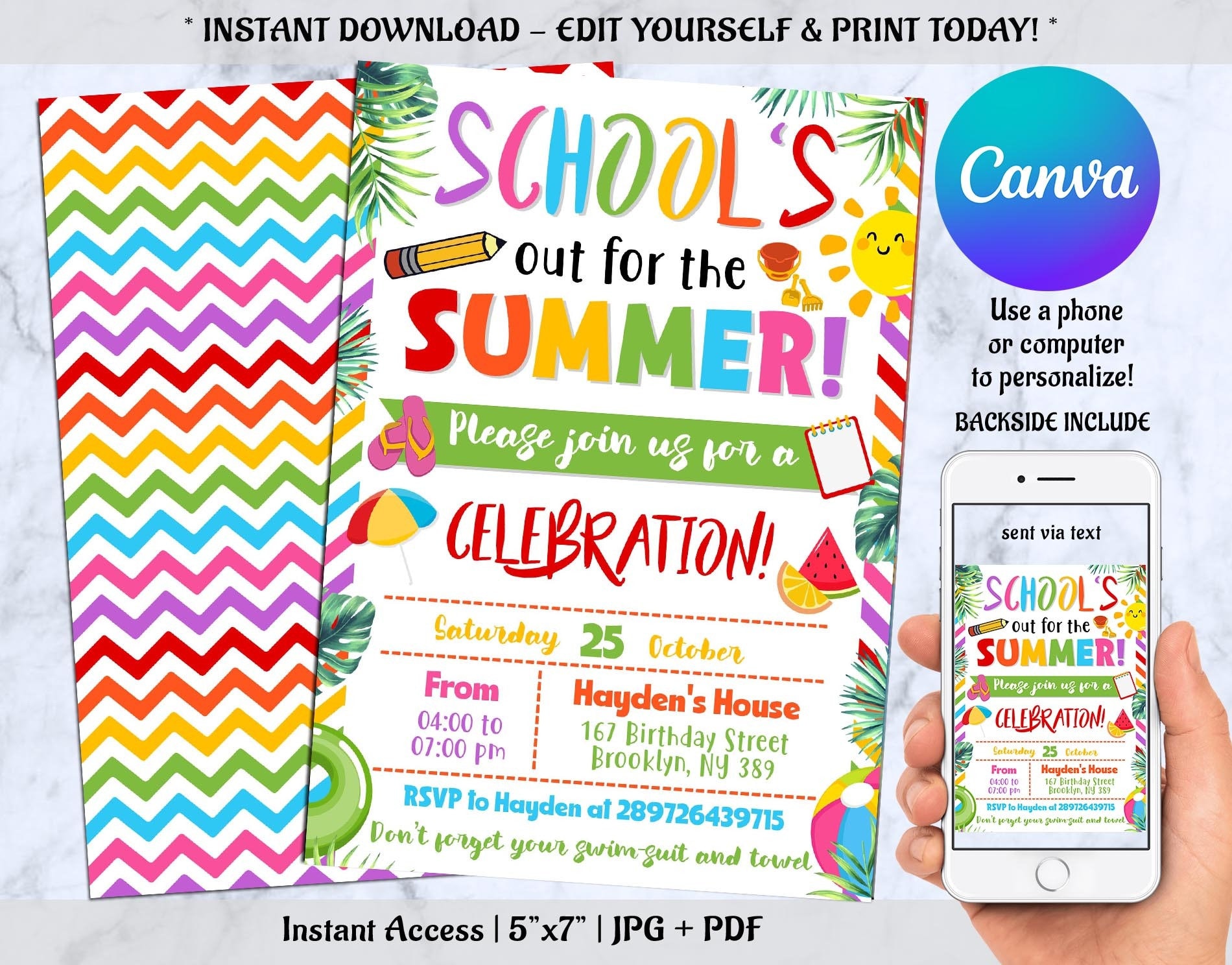 Editable End of School Party Schools Out Party Invitation, Download ...