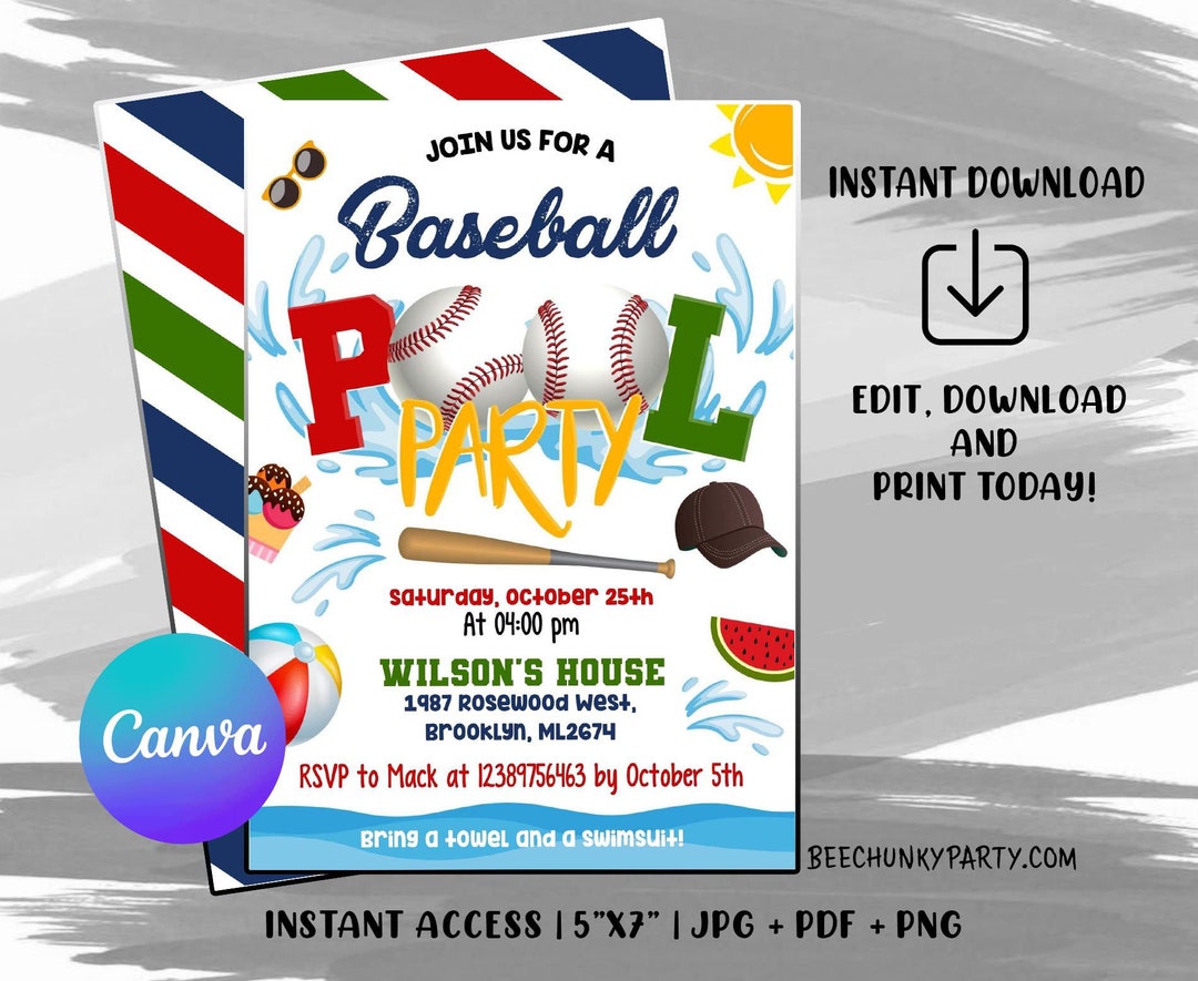 Editable Baseball Pool Birthday Party Invitation, Sports Birthday ...