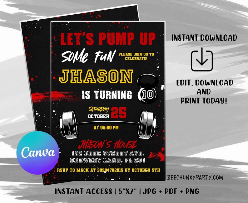 Editable Fitness Gym Birthday Invitation, Printable Birthday Party ...