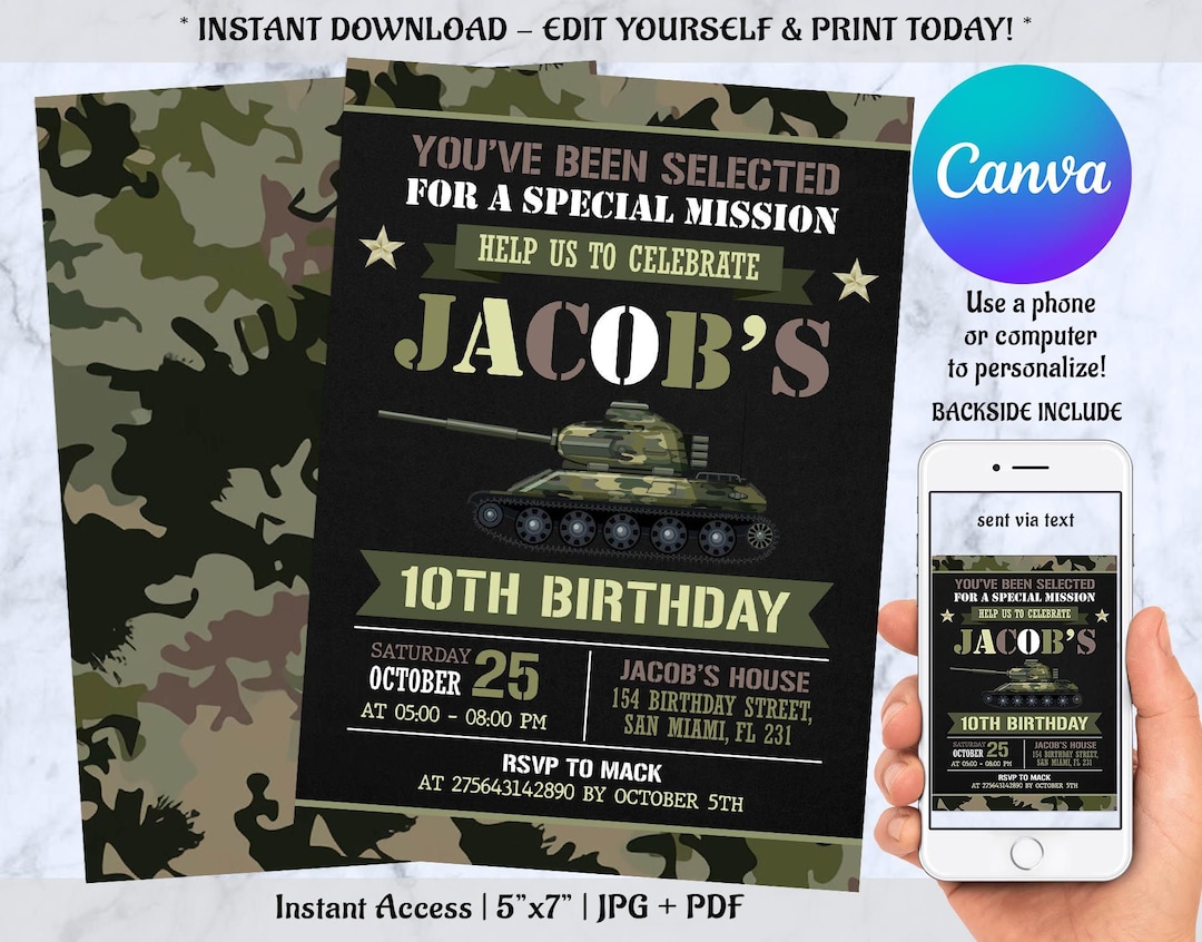 Editable Army Invitation, Army Birthday Invitation, Army Invitation ...
