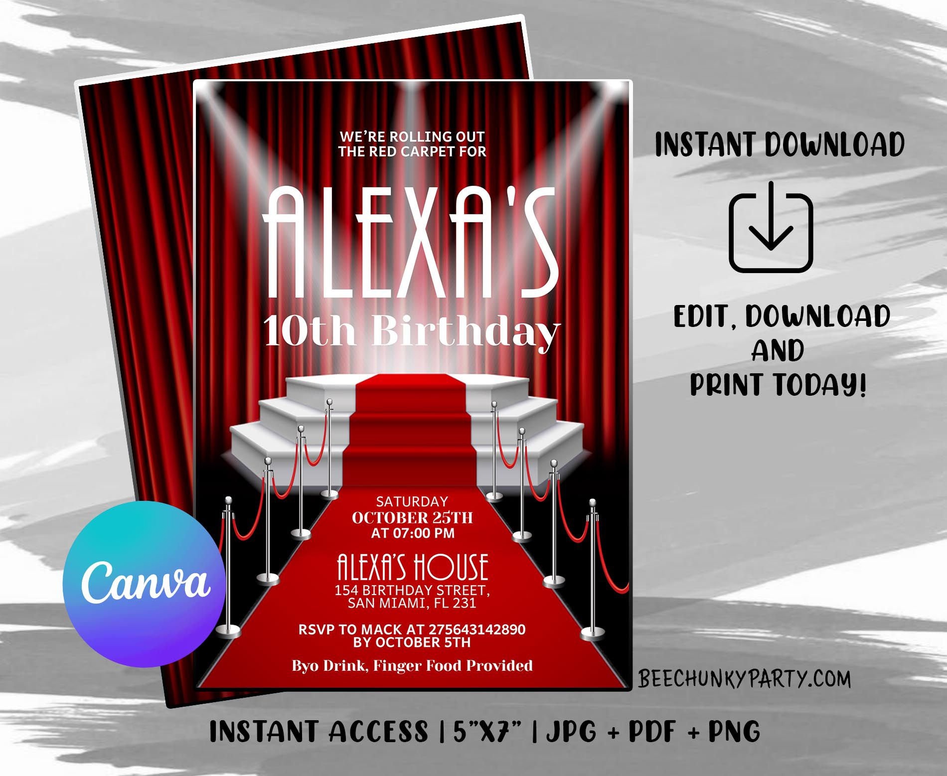 EDITABLE Red Carpet Birthday Invitation, Hollywood Movie Party Invite ...