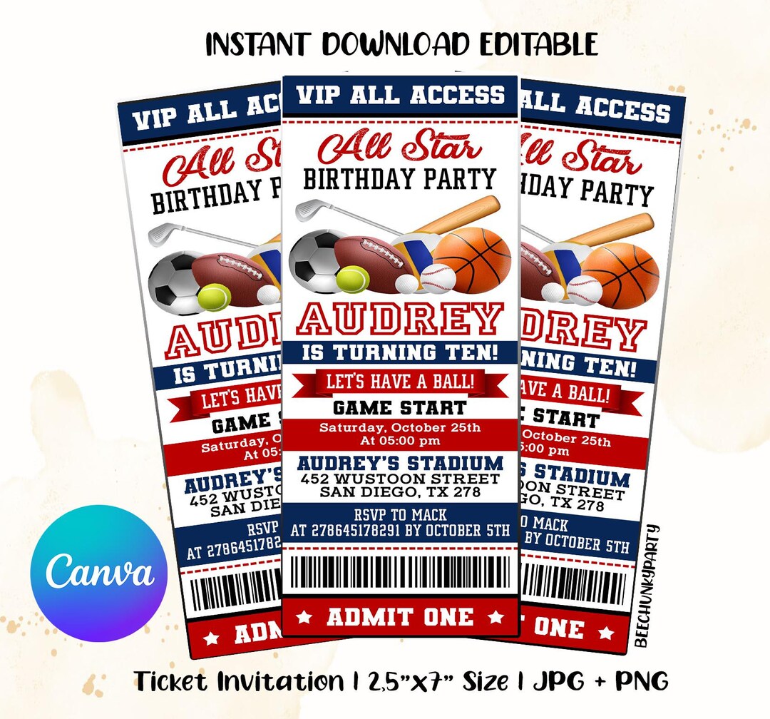 Editable All Star Sport Ticket Invitation, Sports Birthday Invitation ...