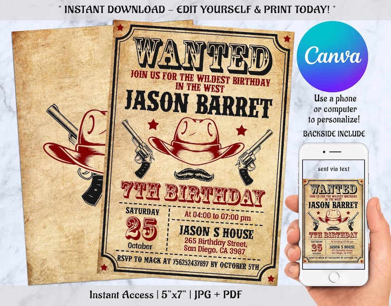 Invitación de cumpleaños del oeste, invitación editable con póster de ...