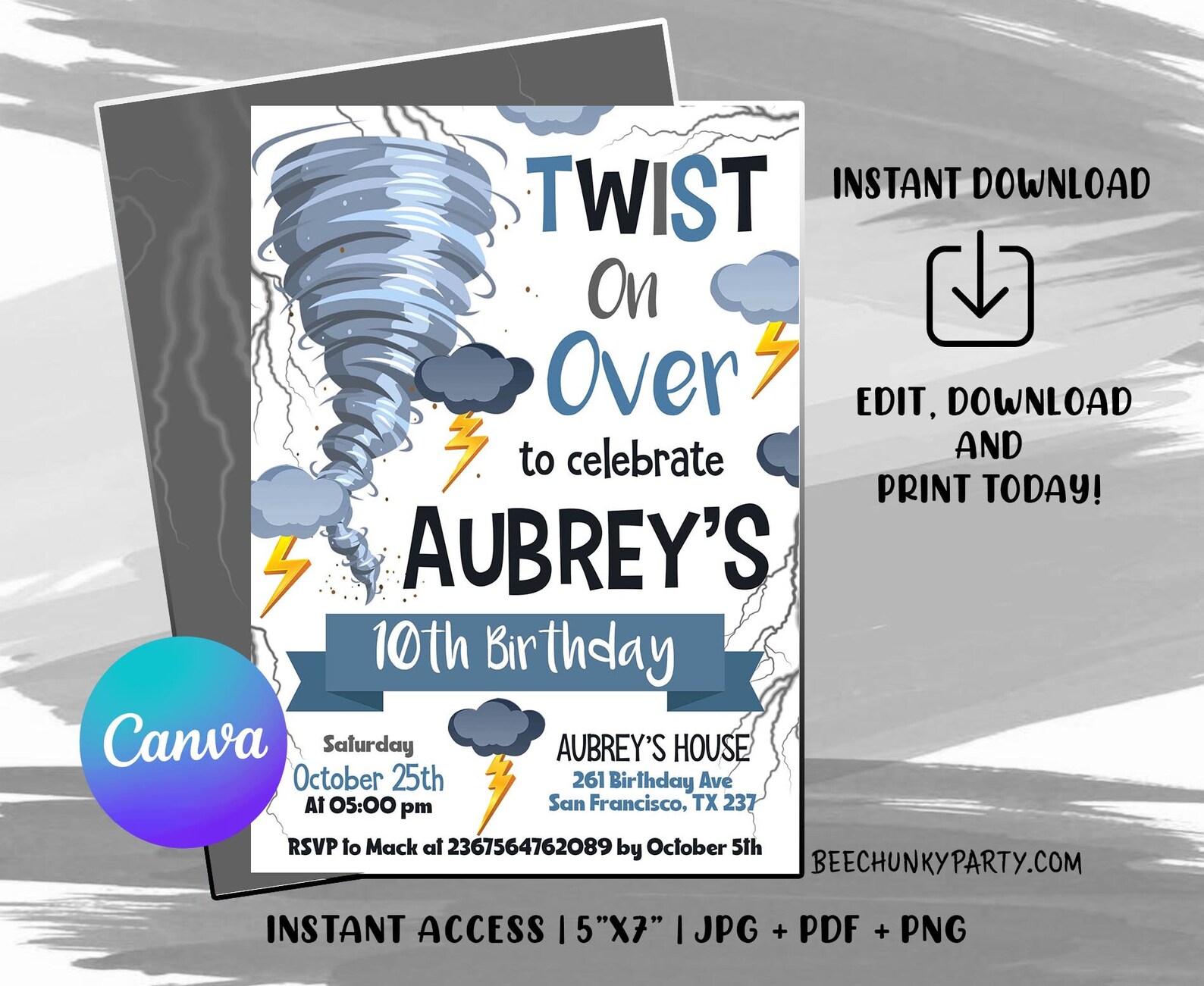 Editable Tornado Birthday Party Invitation, Birthday Invitations ...