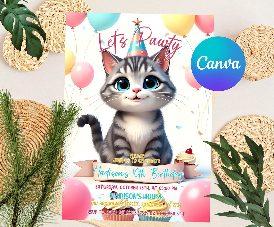 Editable Kitty Cat Birthday Invitation Purrfect Party Invite Template ...