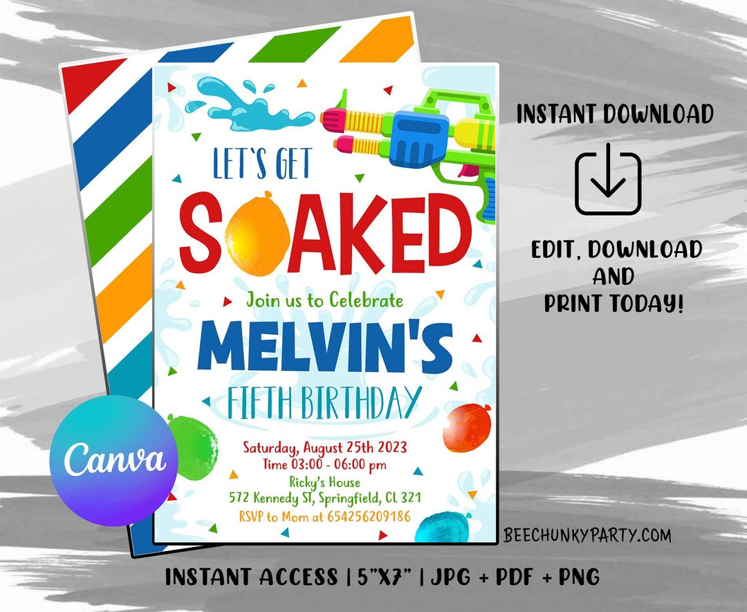 Editable Water Gun Birthday Invitation, Water Gun Invitation, Splash ...