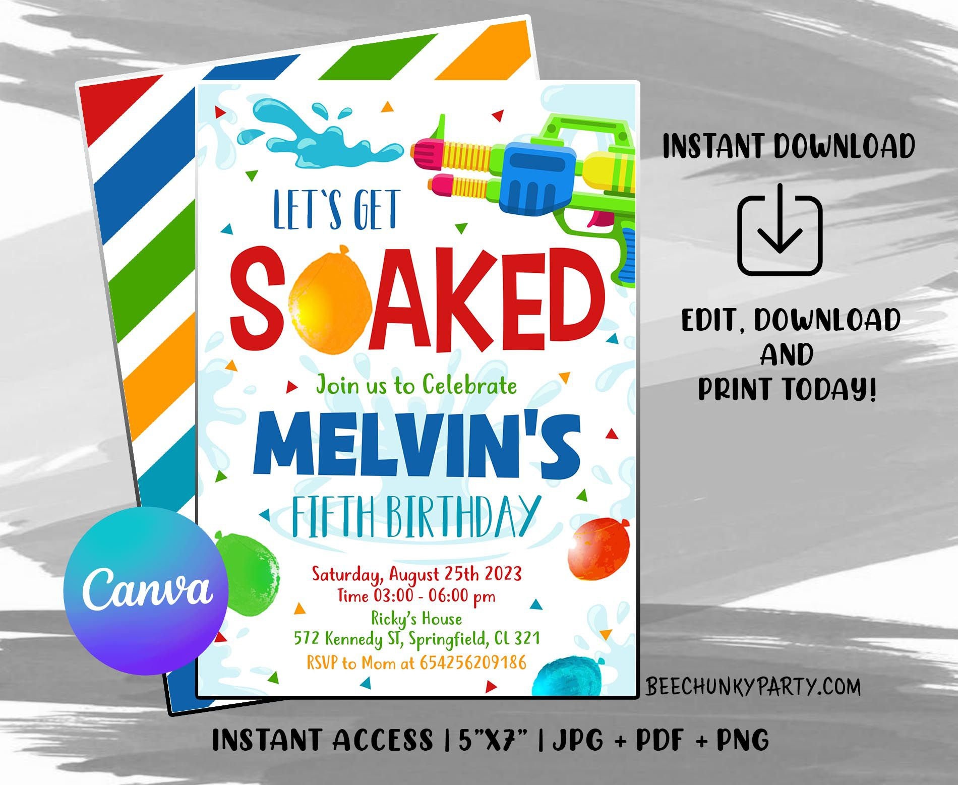 Editable Water Gun Birthday Invitation, Water Gun Invitation, Splash ...