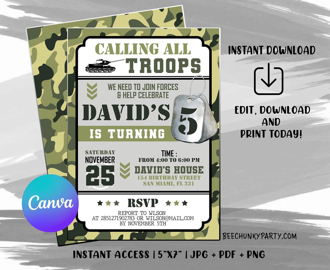 Editable Army Birthday Invitation, Army Invitation, Army Template ...