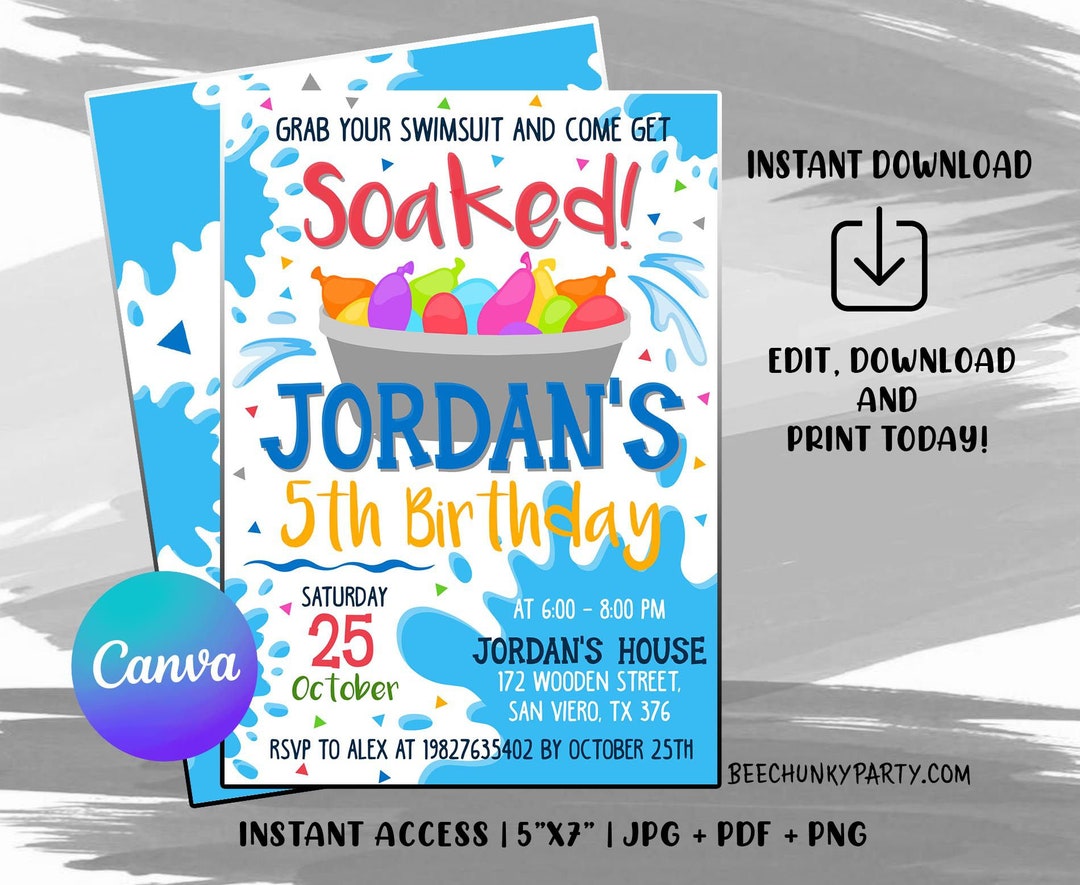 Water Balloon Birthday Invitation, Water Splash Party Invitation ...