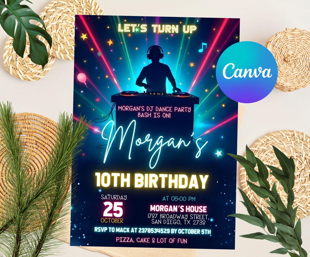 Editable DJ Dance Party Birthday Invitation for Boys, Glow in the Dark ...