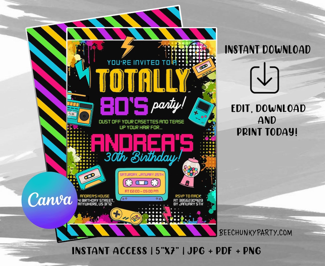 Editable 80's Birthday Invitation, 80's Party Invitation, 80's ...